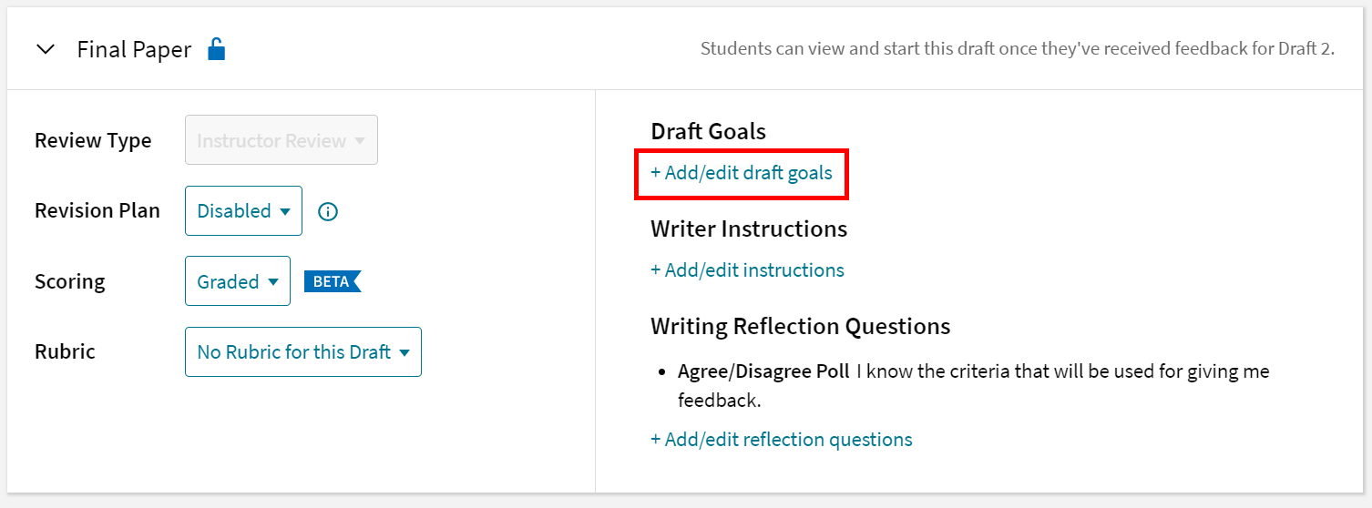 Achieve > Create draft goals in Writing assignments