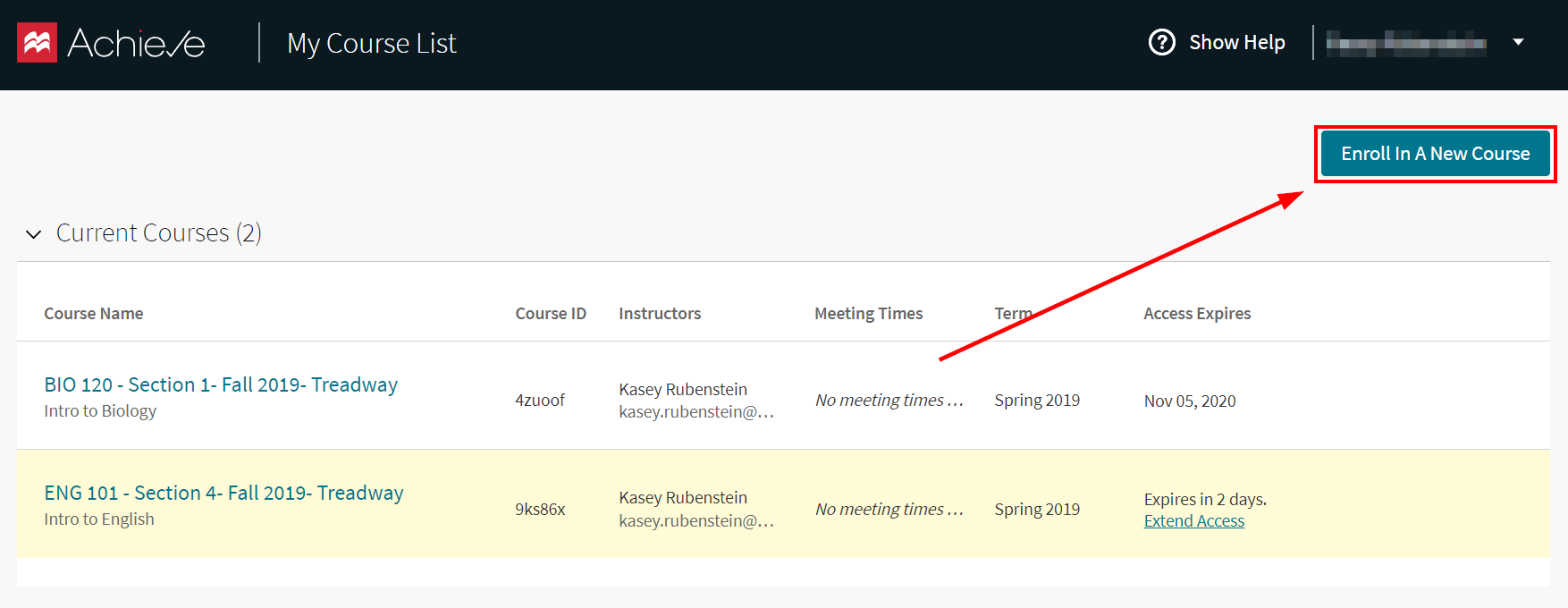Achieve > Register for a course using an access code