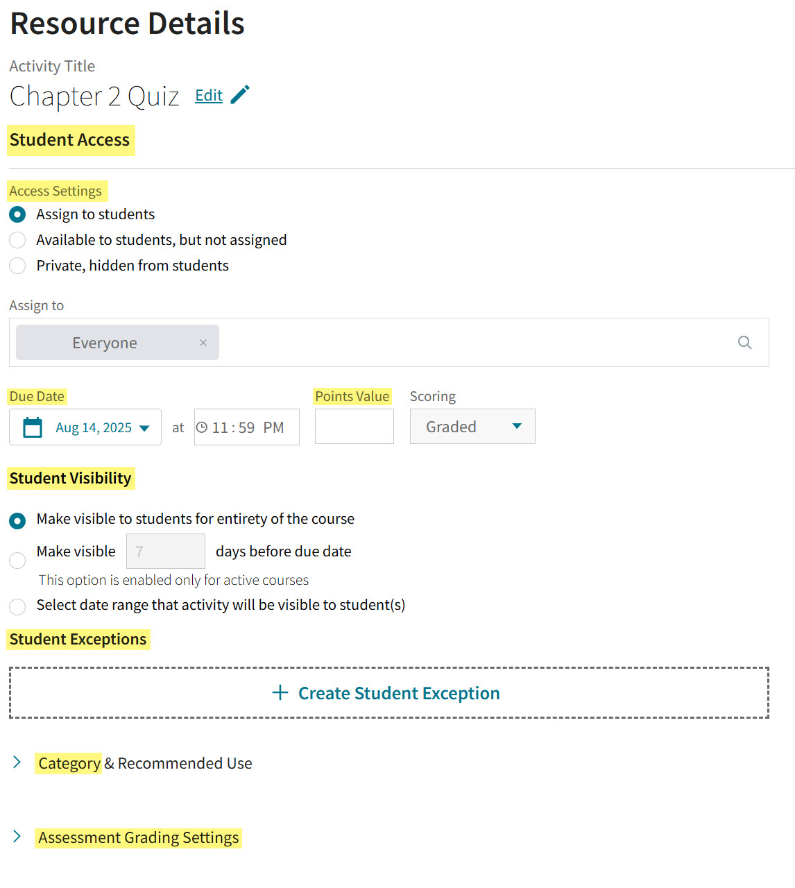 How Achieve assignment and grade settings reflect in an LMS course
