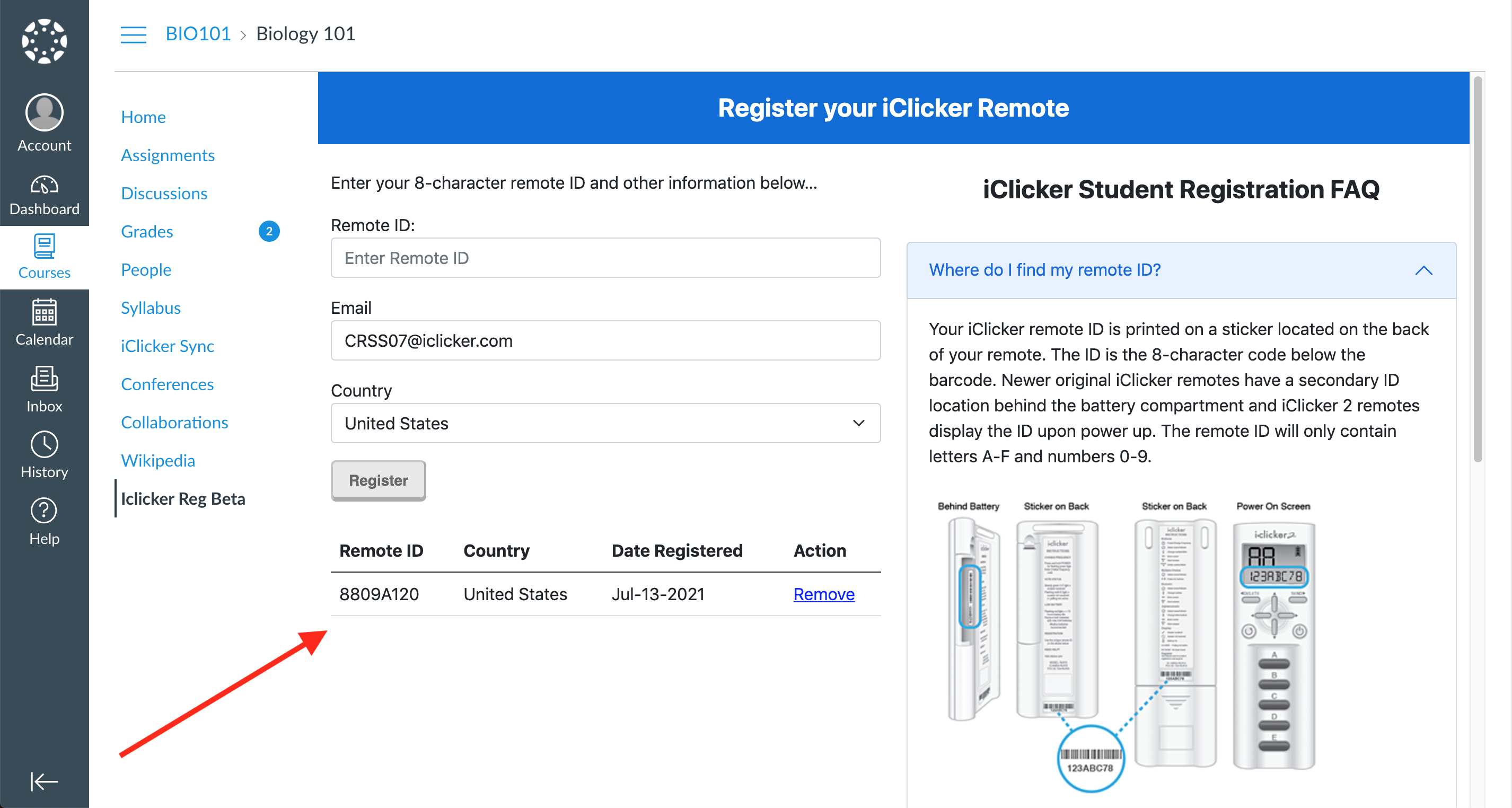 How can I tell if I have successfully registered my iClicker remote online?
