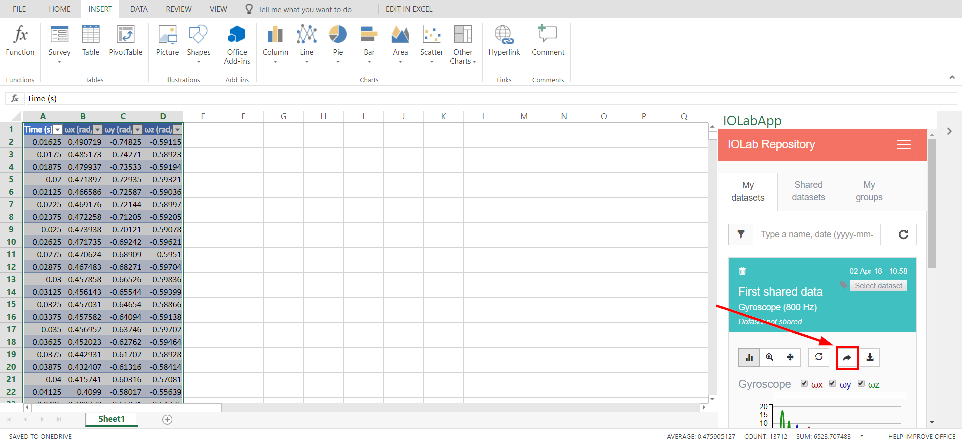 iOLab > Downloading app for viewing shared data in Excel