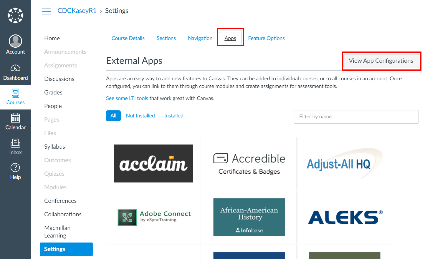 Instructor set-up of basic integration with Canvas