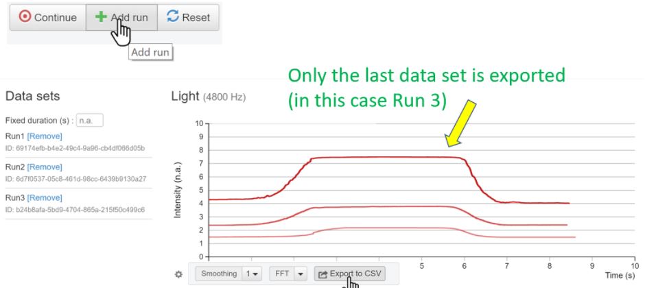 iOLab > Recording multiple sets of data on the same graph using the + Add Run button