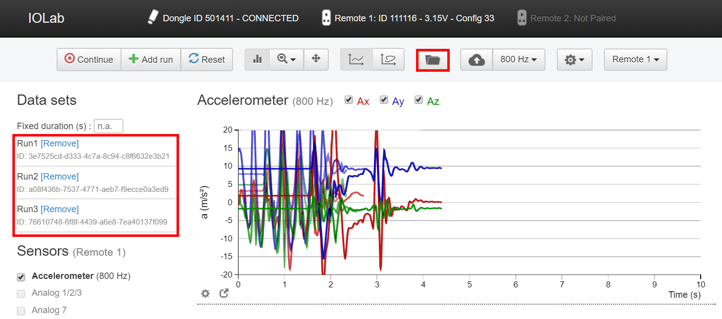 iOLab > Recording multiple sets of data on the same graph using the + Add Run button
