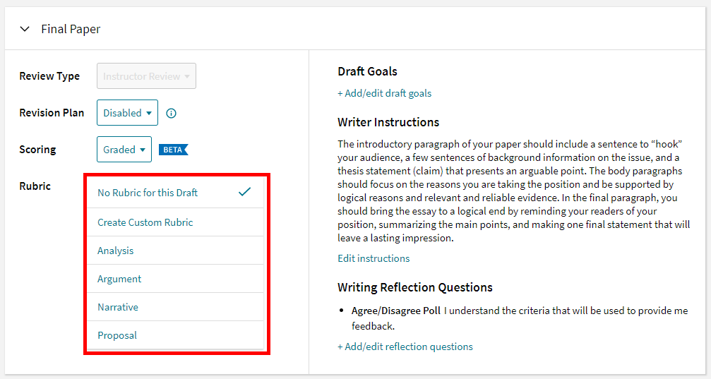 Achieve > Edit the rubric for a Writing assignment