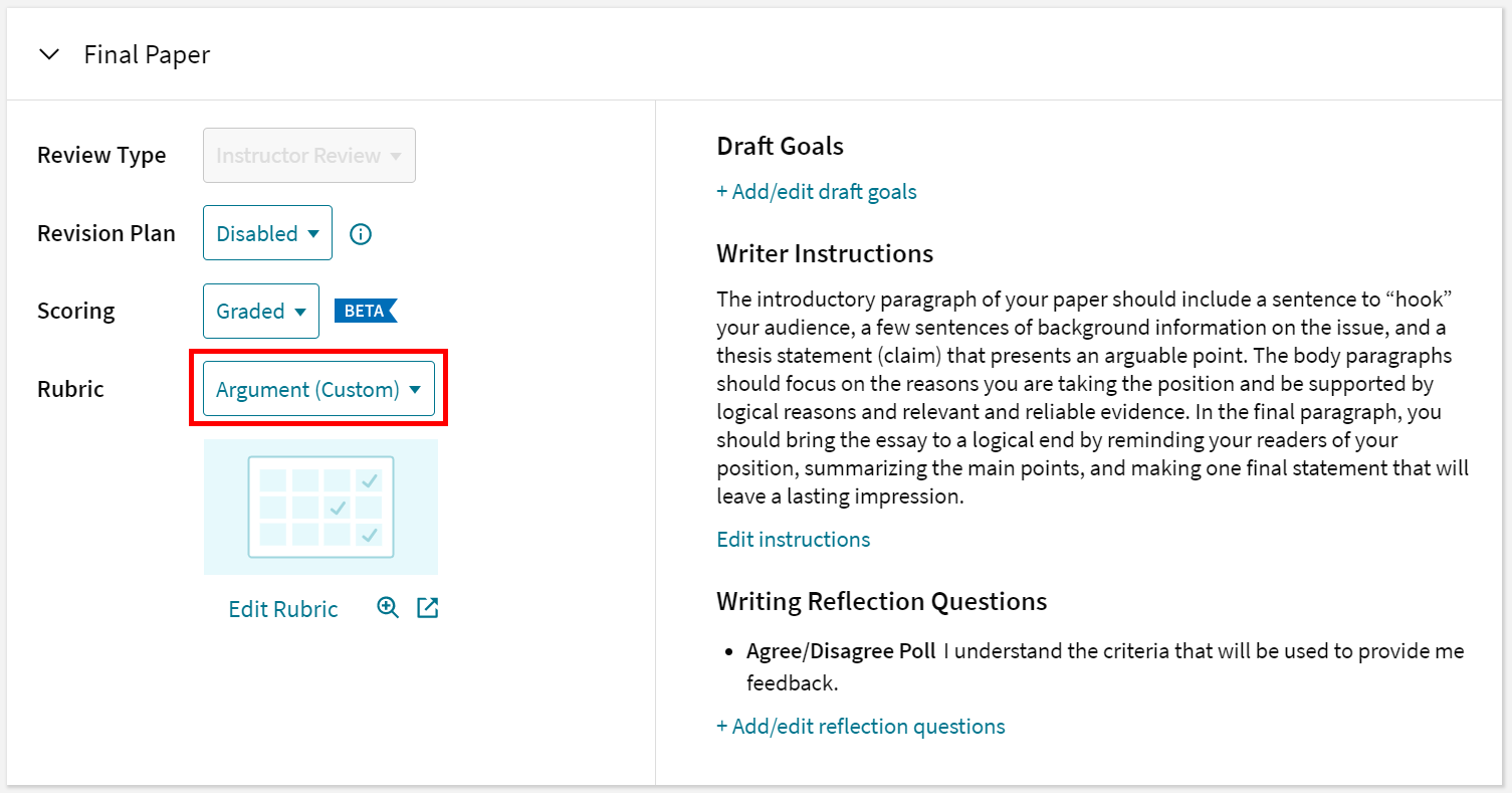 Achieve > Edit the rubric for a Writing assignment