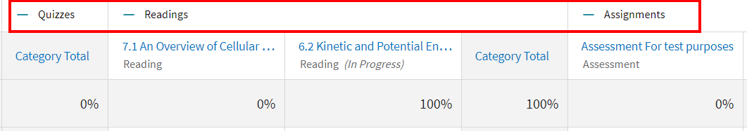 Achieve > Gradebook settings, including gradebook categories