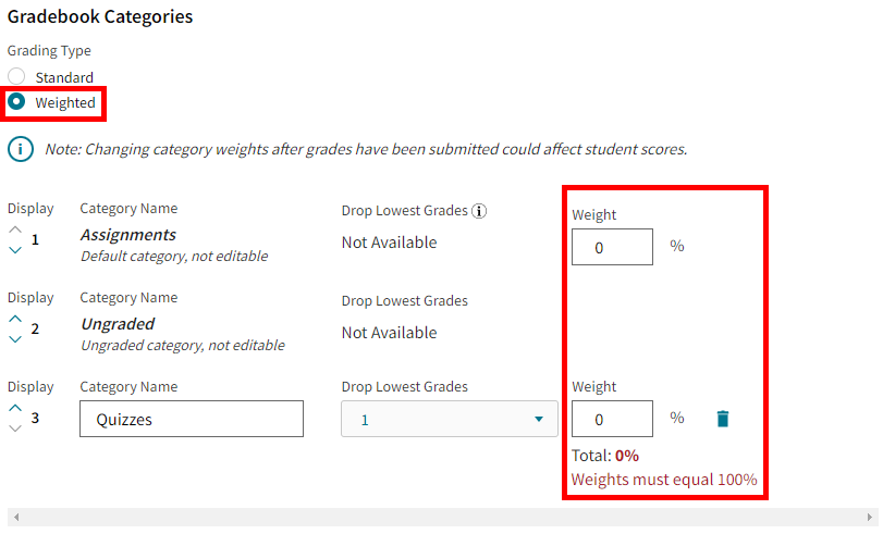 Achieve > Gradebook settings, including gradebook categories