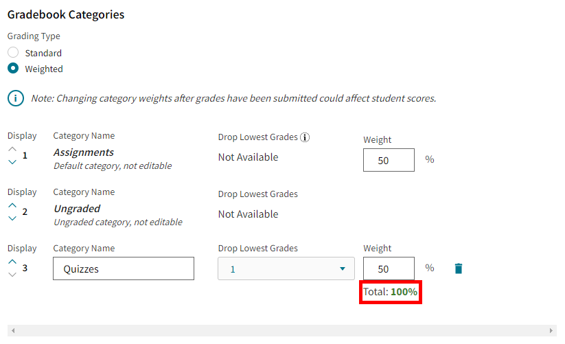 Achieve > Gradebook settings, including gradebook categories