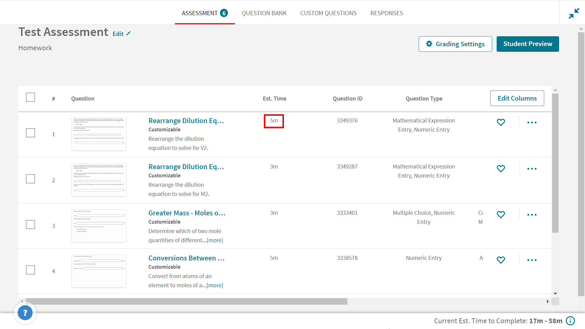 Achieve > Assessments: Estimated Time to Complete