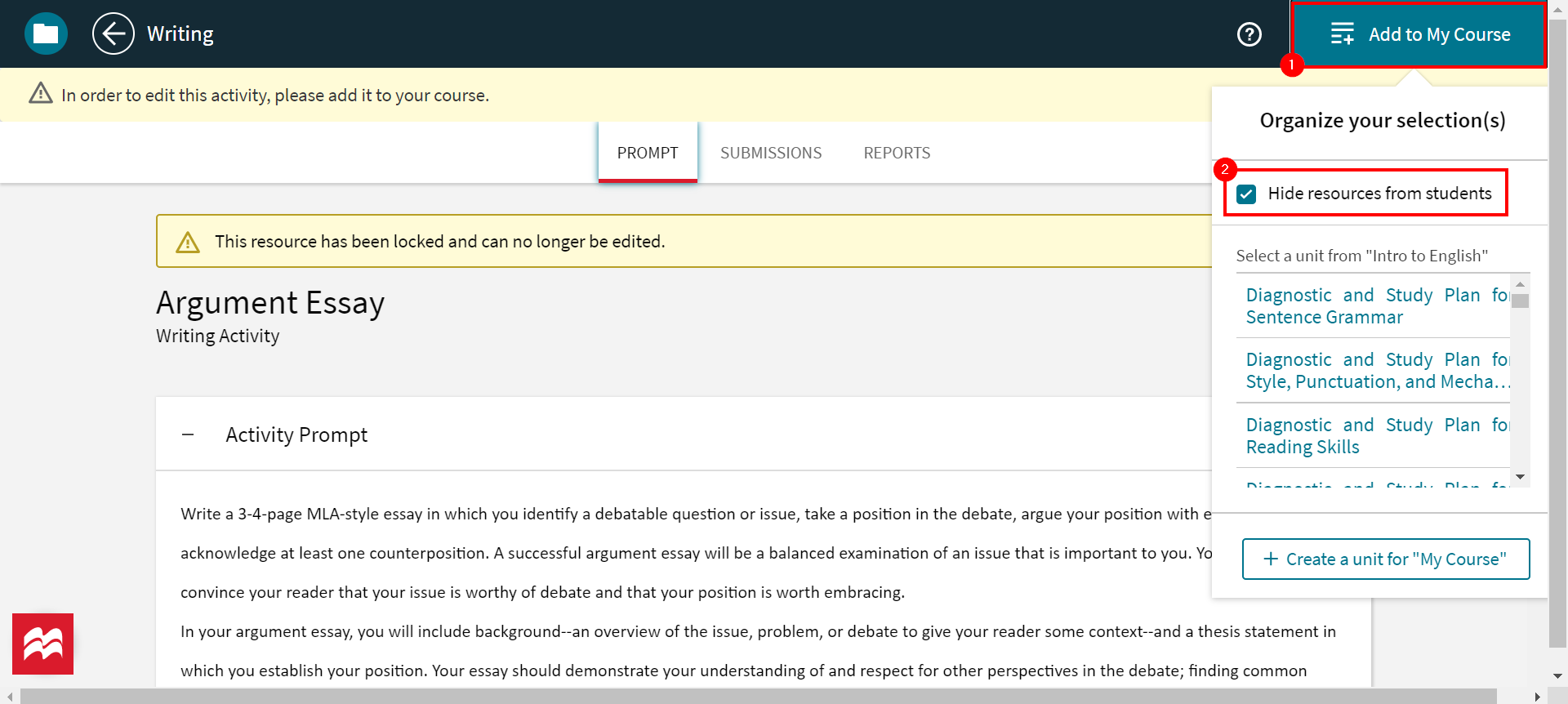Achieve > Find and assign a Writing assignment