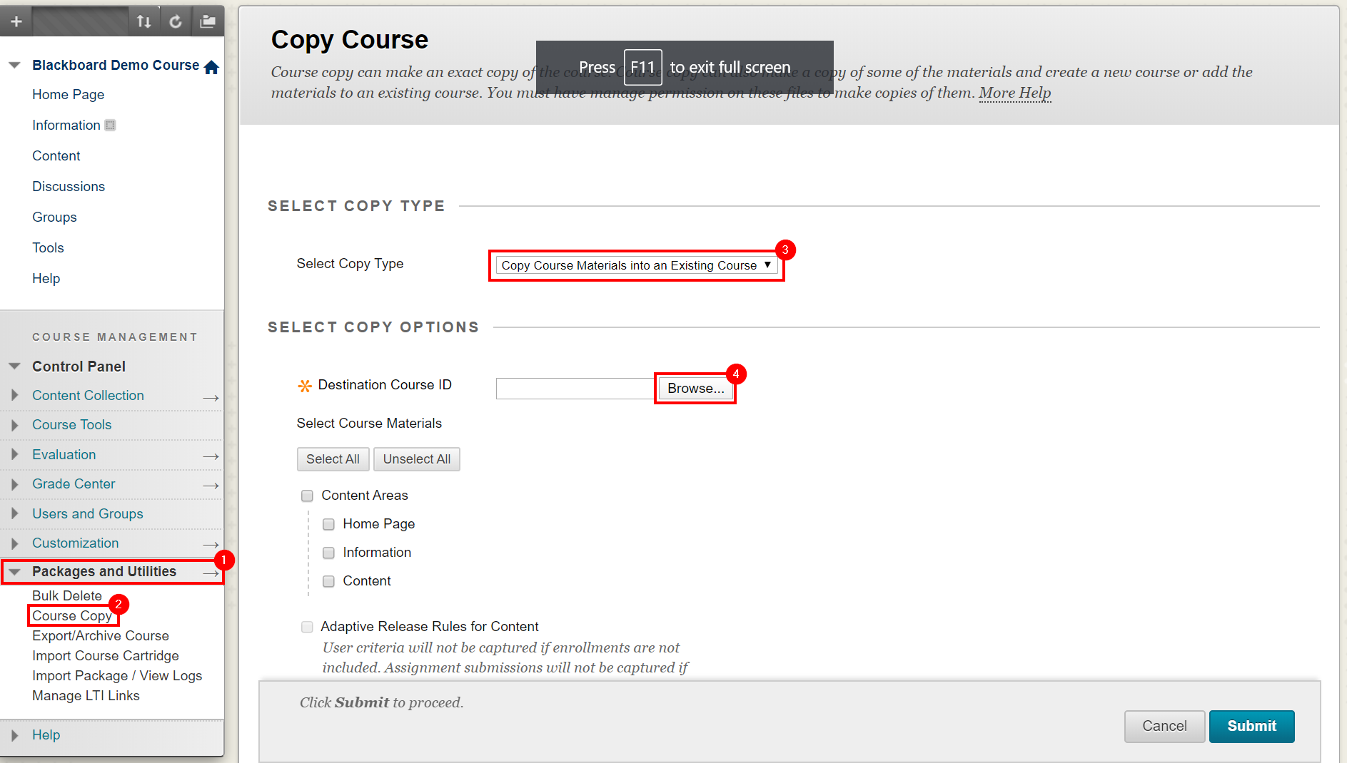 Duplicating a Blackboard course integrated with Achieve