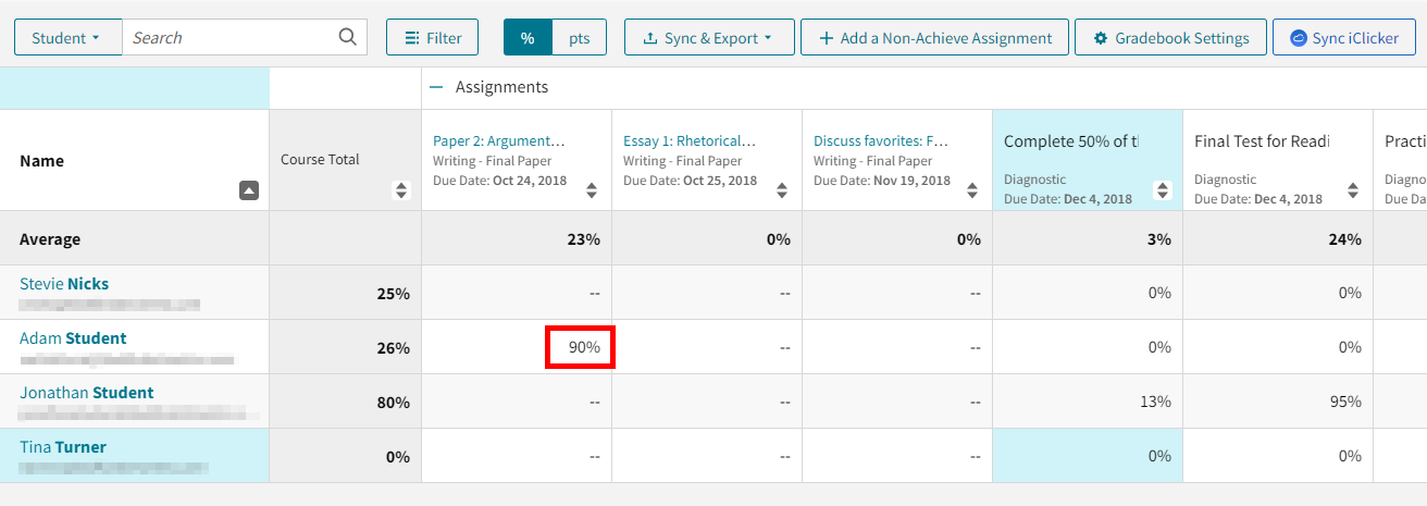 Achieve > Change a student’s grade on an assignment