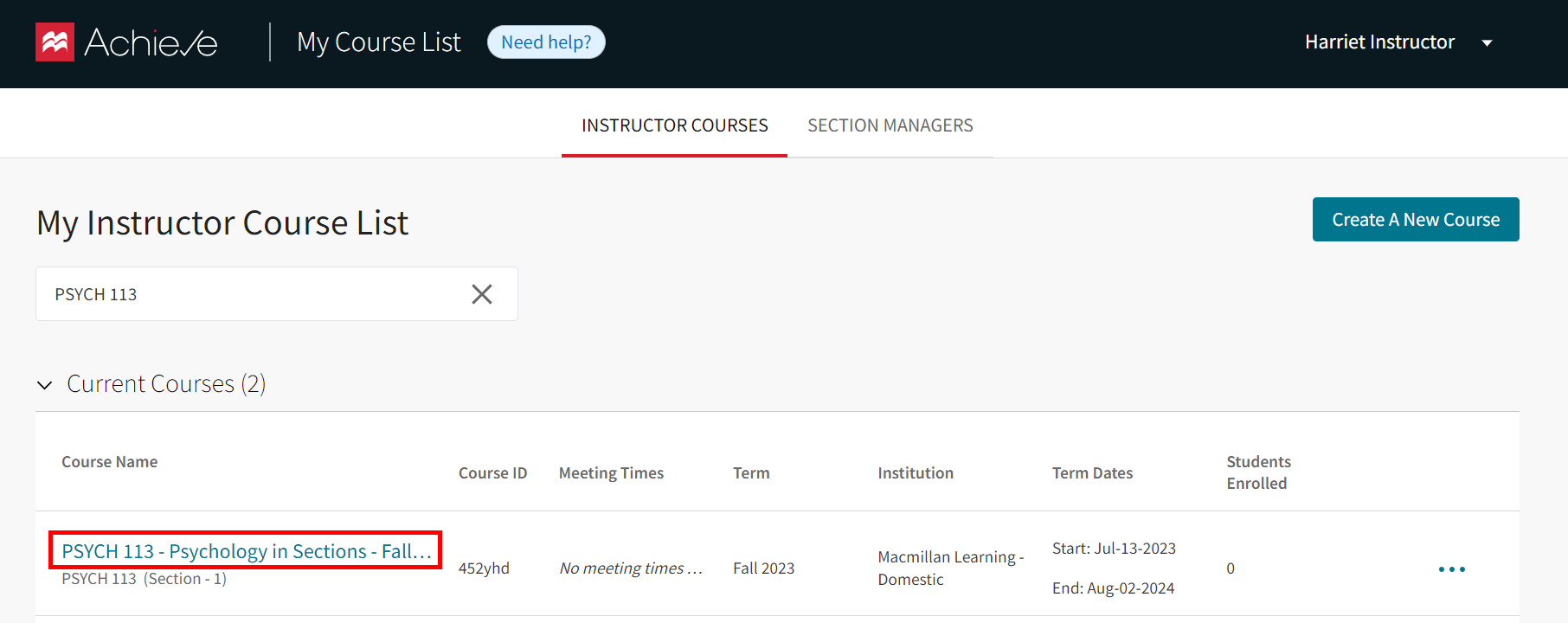 Achieve > Teach with a course section that came from a Section Manager