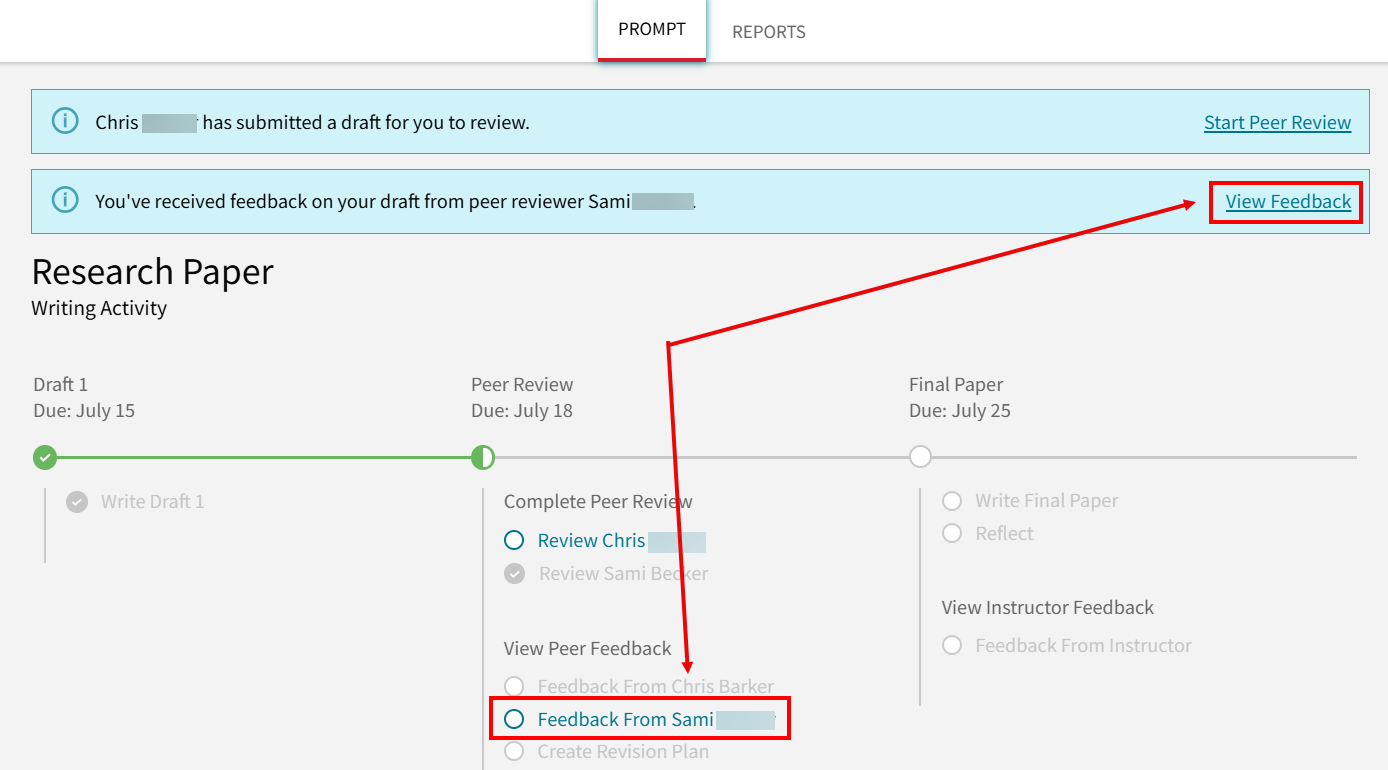 View feedback or grade on an Achieve Writing Assignment draft